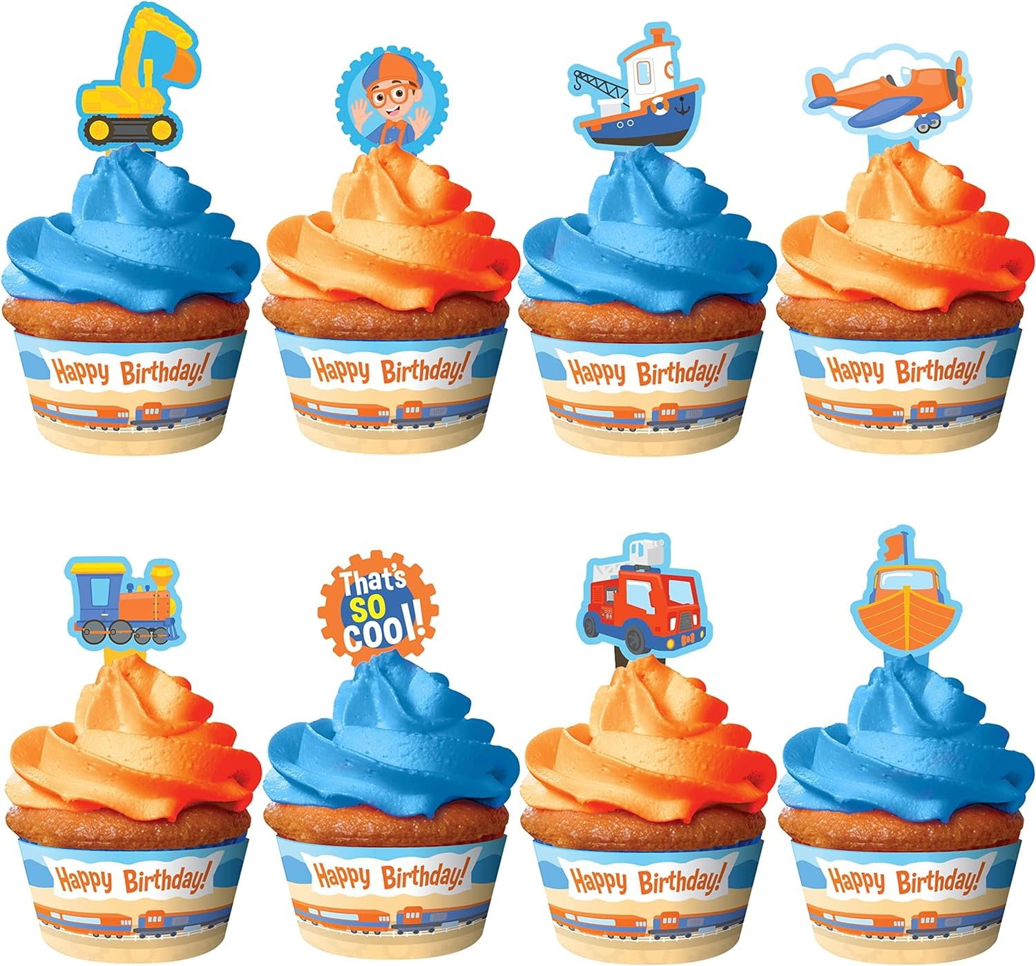Blippi Party Cupcake Toppers & Blippi Vehicle Cupcake Wrappers ...