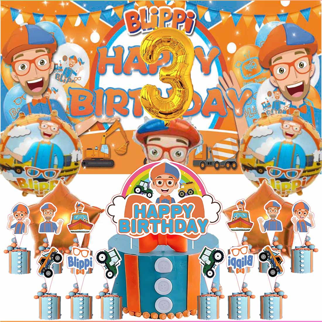 Blippi Party Supplies Decor 3rd Kit Balloons Birthday Cake Topper ...