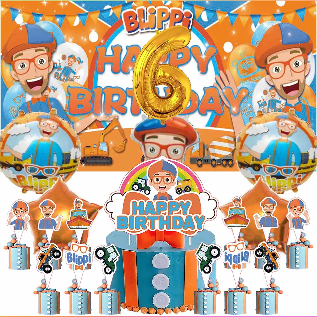 Blippi Party Supplies Decor 6th Kit Balloons Birthday Cake Topper ...