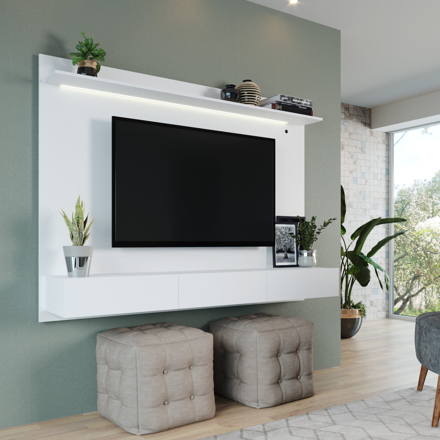 Bliss 70 inch Wall-Mounted TV Stand with LED, Drawers and Shelf - White ...