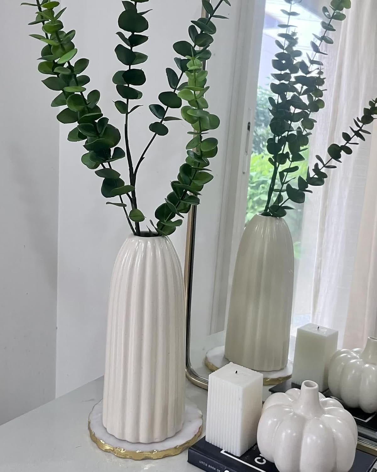 Bliss Hohm Ribbed Decorative Ceramic Flower Vase White 10 Inches for ...