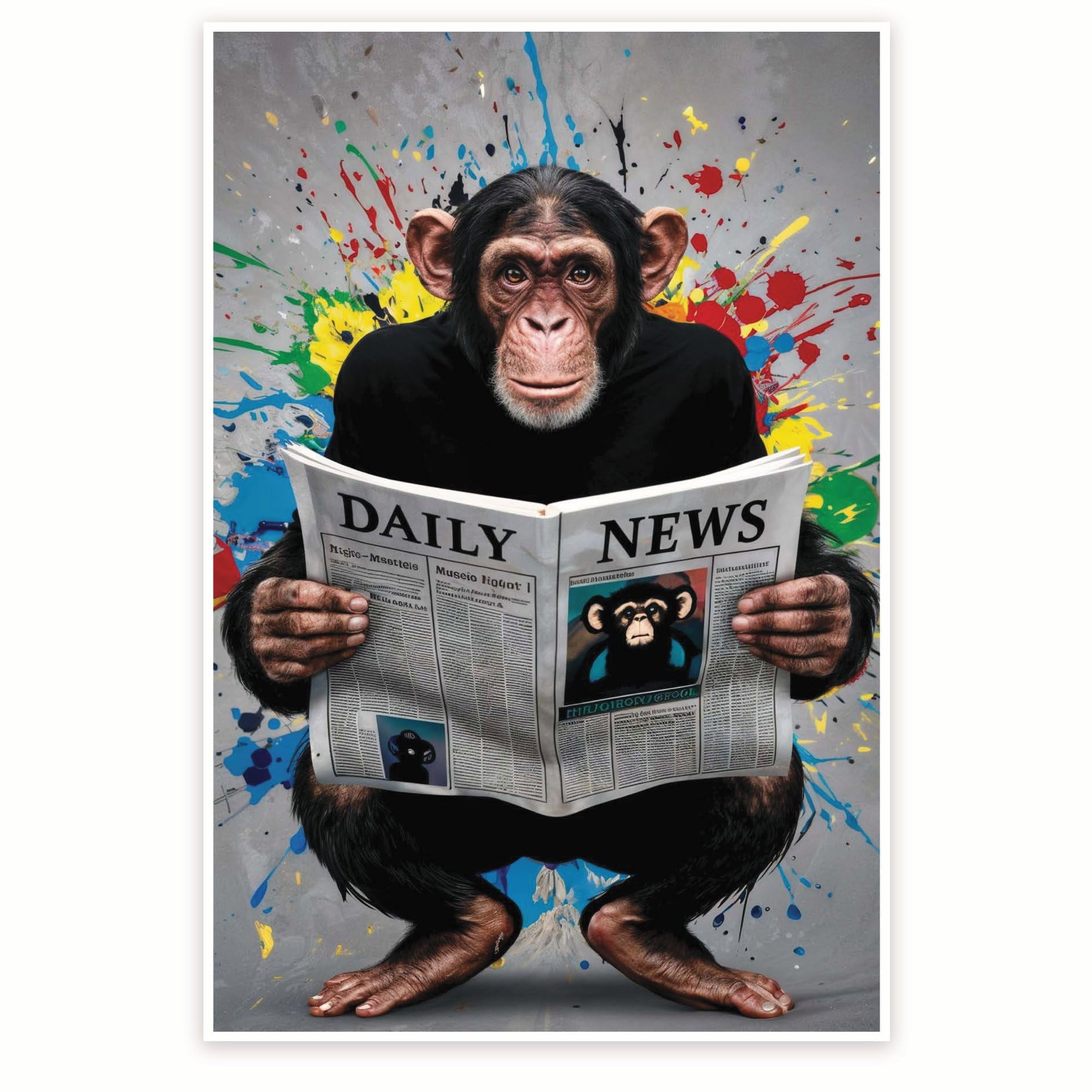 Bliss Monkey Co. Chimp Reading The Paper Poster - Funny Chimpanzee Wall ...