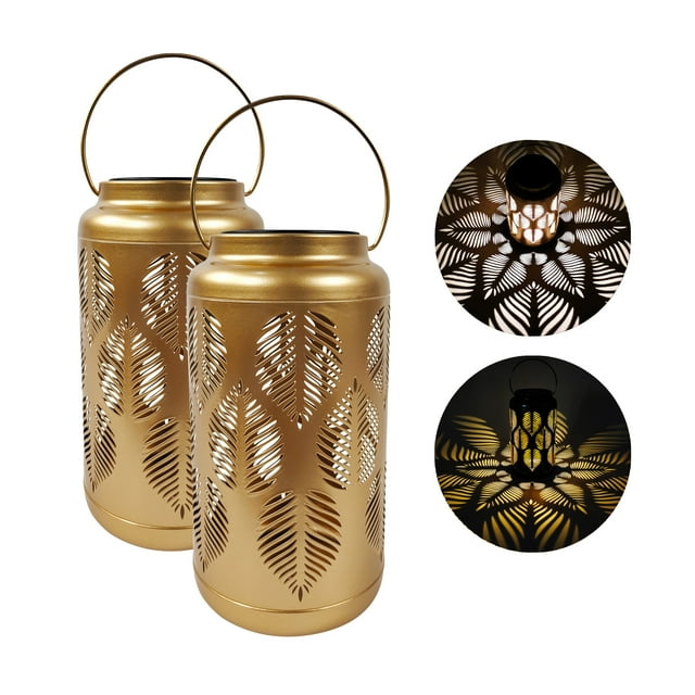 Bliss Outdoors Set of 2 Solar LED Lanterns w/ Tropical Leaf Design & Hand Painted Finish, 9-in ...