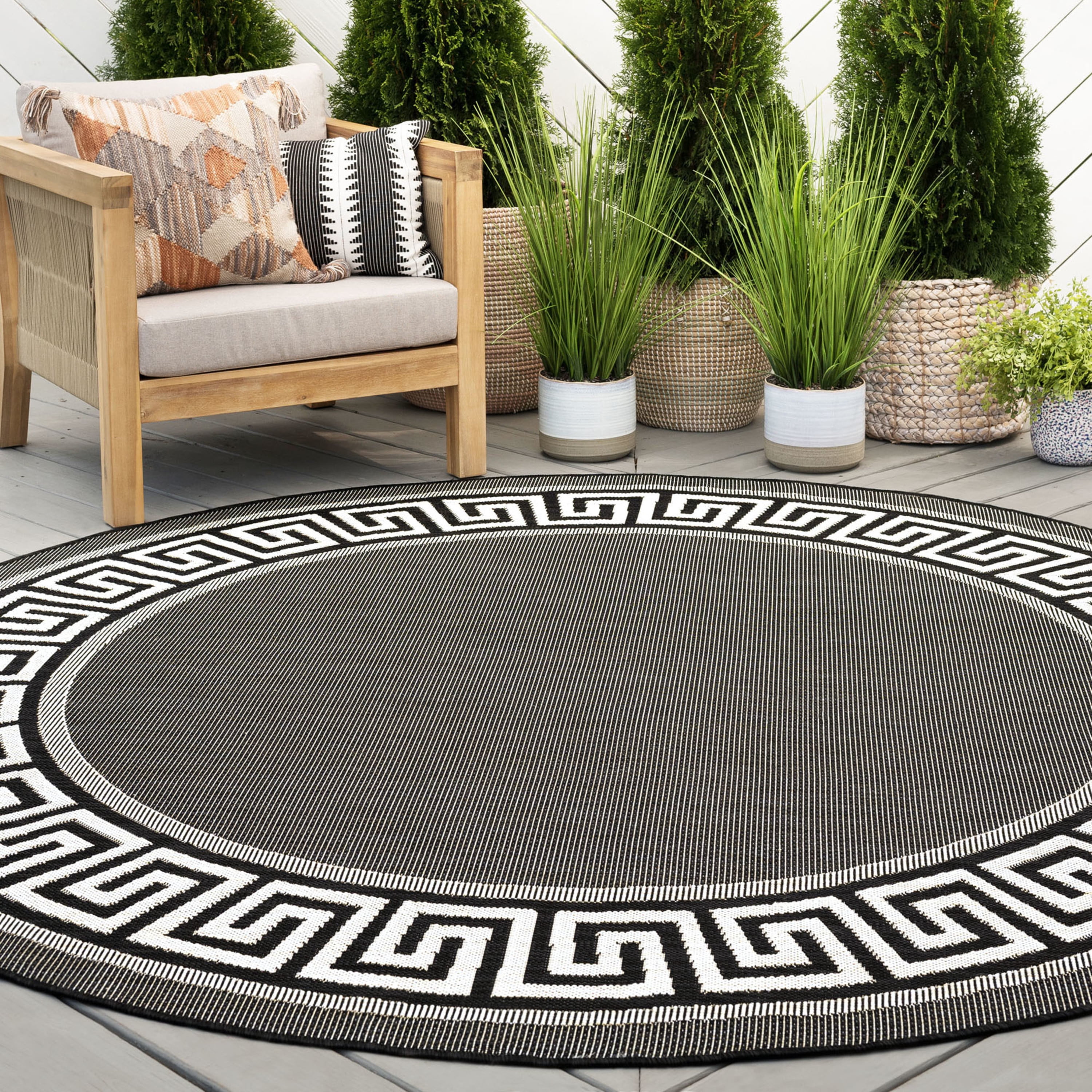 Bliss Rugs Indoor Outdoor Greek Key Round Rug for Living Room, Porch ...