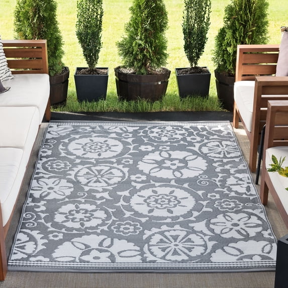 Bliss Rugs Waterproof Reversible Plastic Straw Floral Outdoor Rug for ...