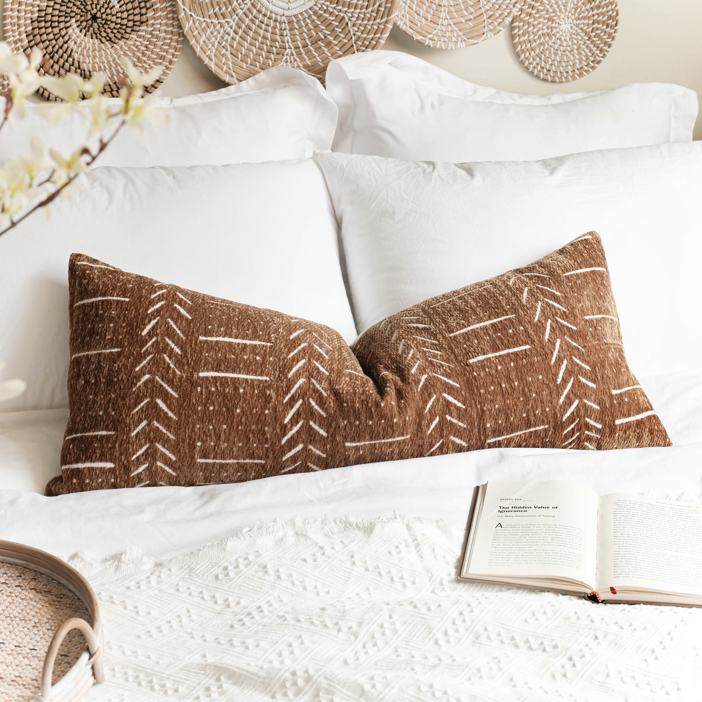 BlissBlush, Lumbar Throw Pillow Cover, 14x36, Brown Geometric Pattern ...