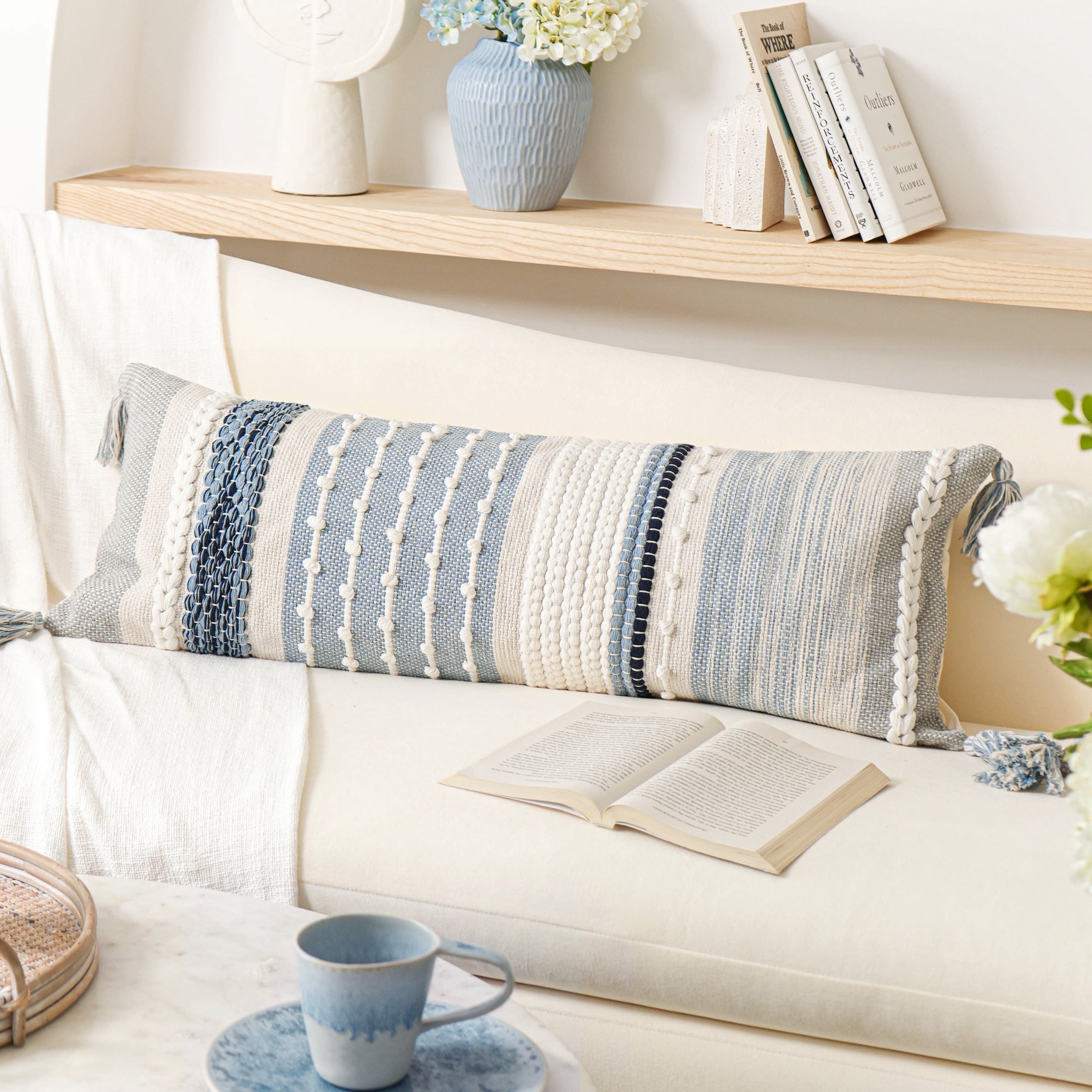 BlissBlush Coastal Blue Decorative Lumbar Pillow Cover 14x36 Boho Long ...
