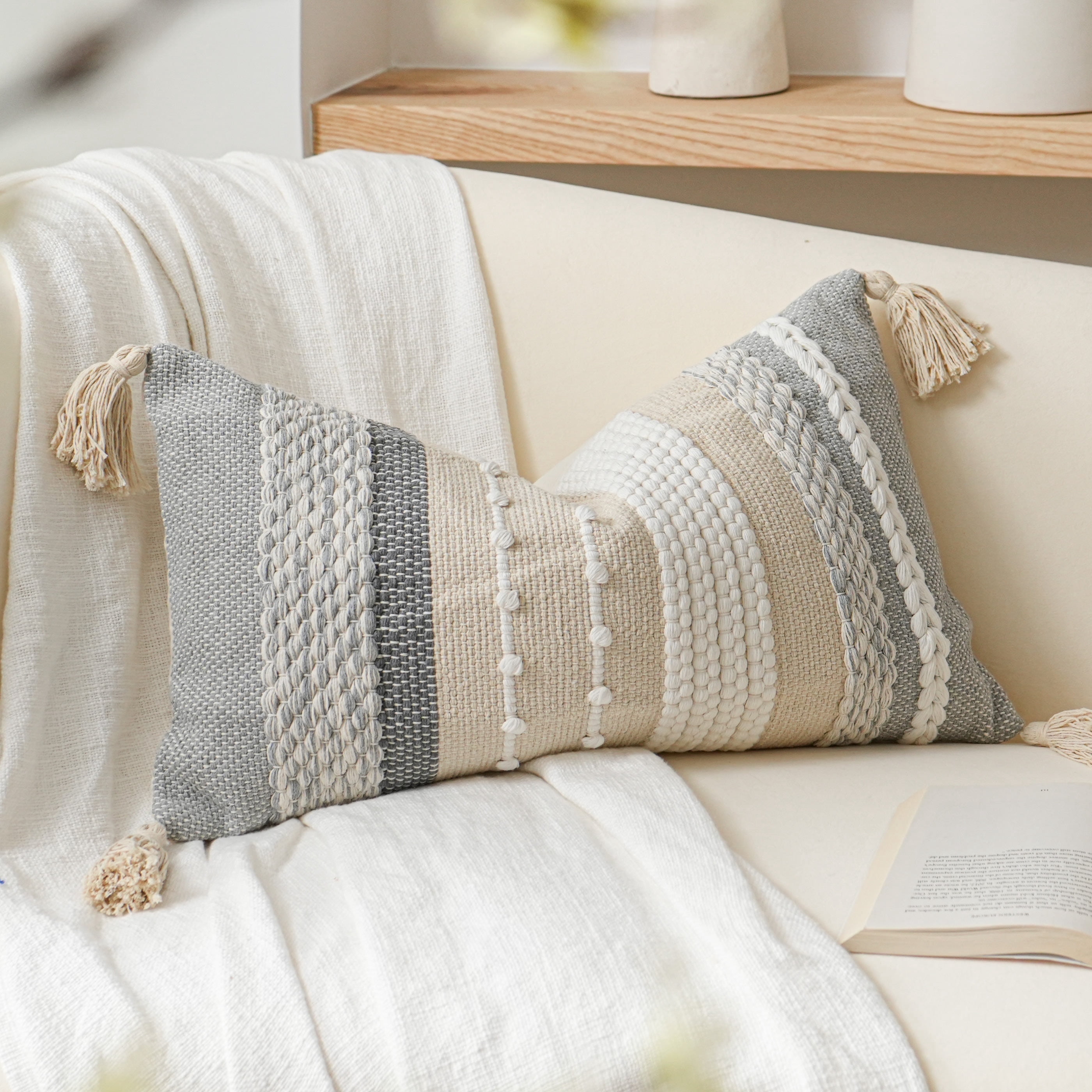 BlissBlush Decorative Lumbar Throw Pillow Cover 14x24 Boho Gray Accent ...