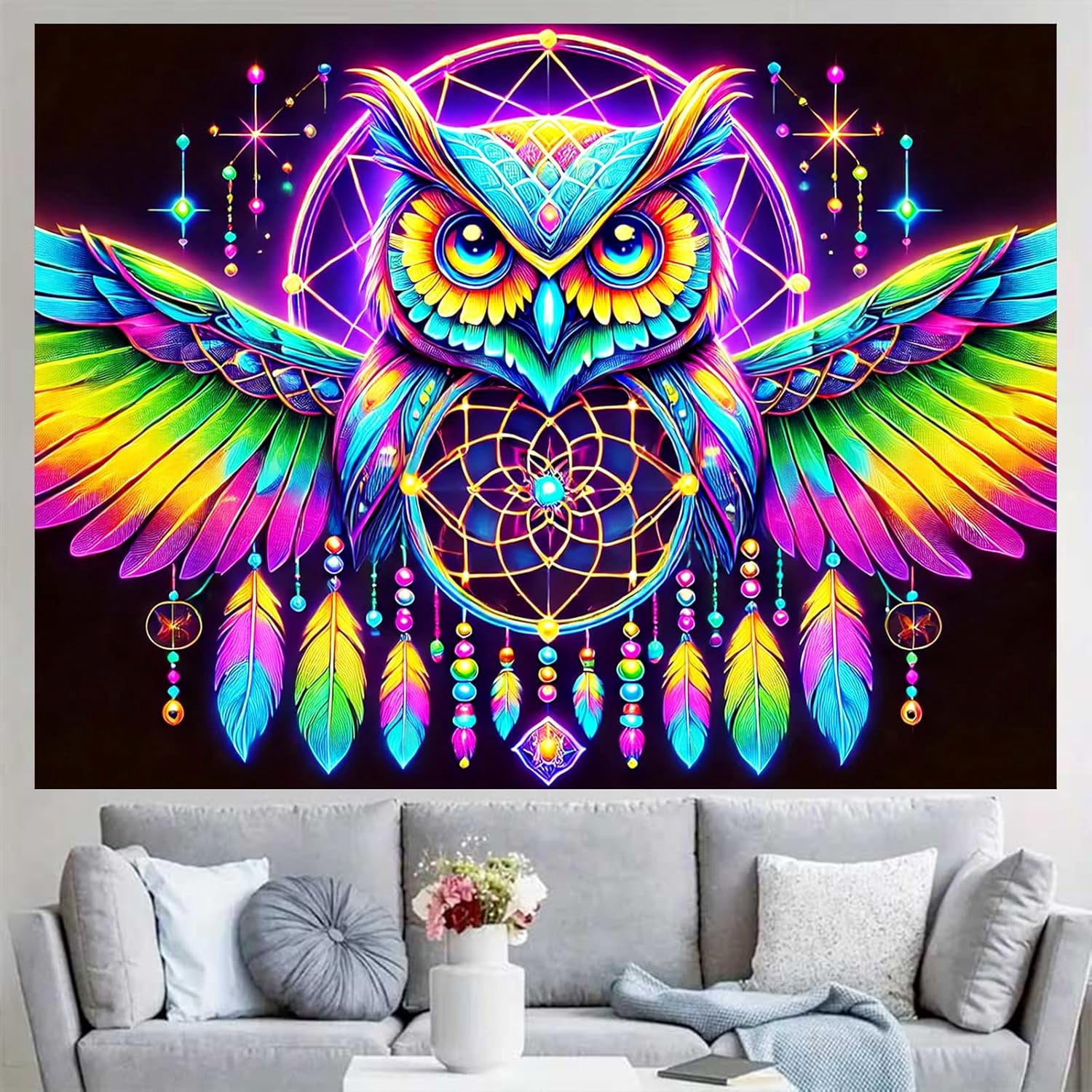 BlissYard Blacklight Tapestry 78x59 Inch Owl Dreamcatcher UV Reactive ...