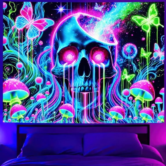BlissYard Skull Blacklight Tapestry UV Reactive Tapestry 78x59 Inch ...