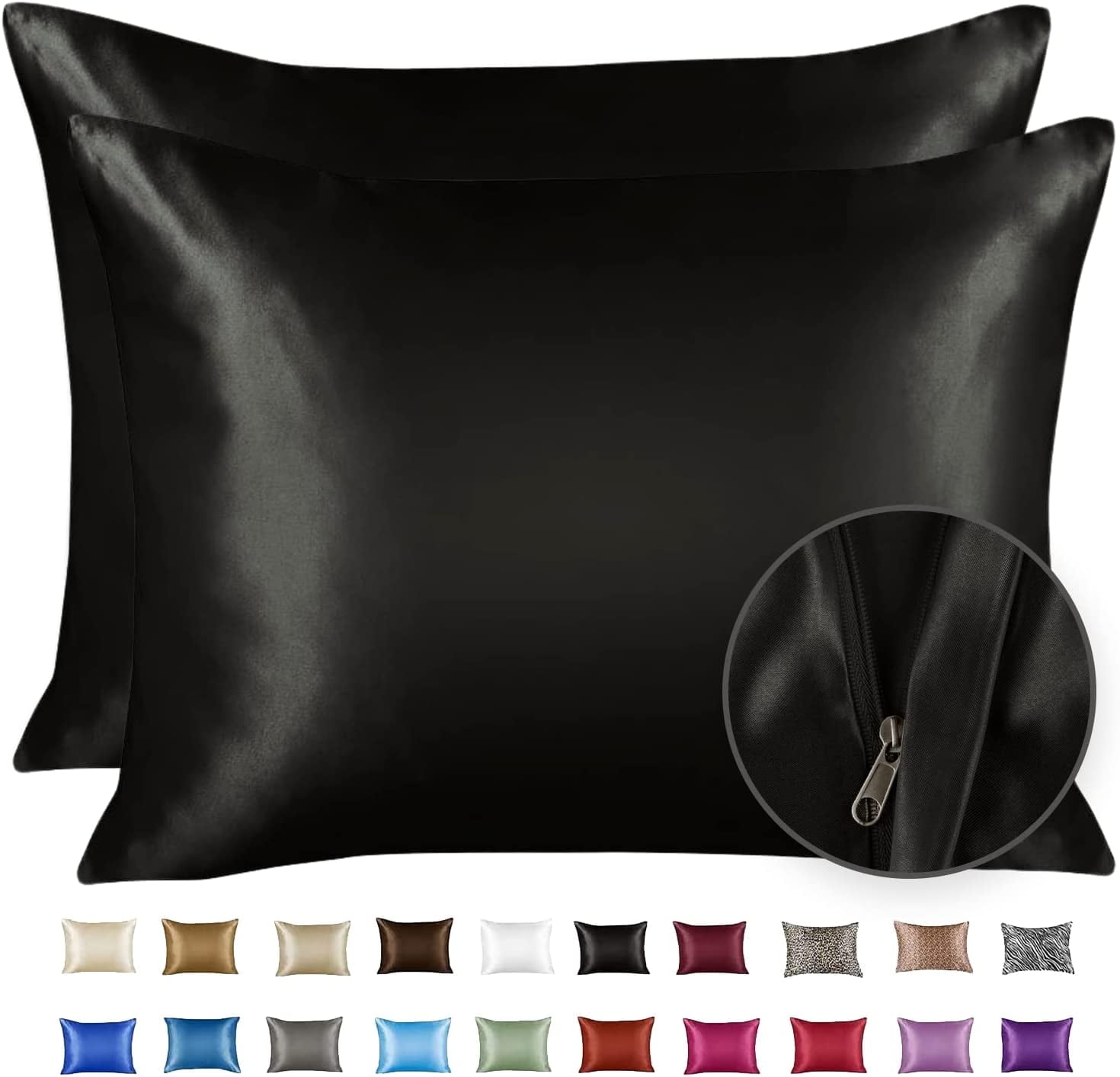 Blissford Luxury Black Satin Pillowcase with Zipper Closure, Queen 2 ...