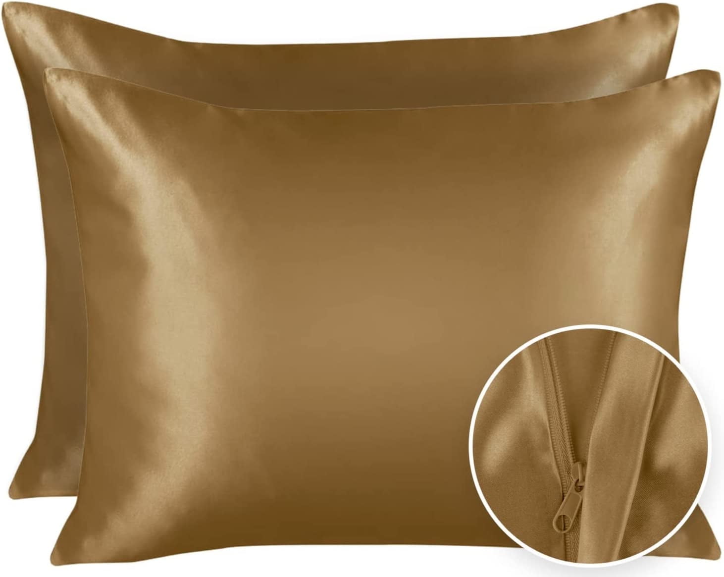 Blissford Luxury Gold Satin Pillowcase with Zipper Closure, King 2-Pack ...