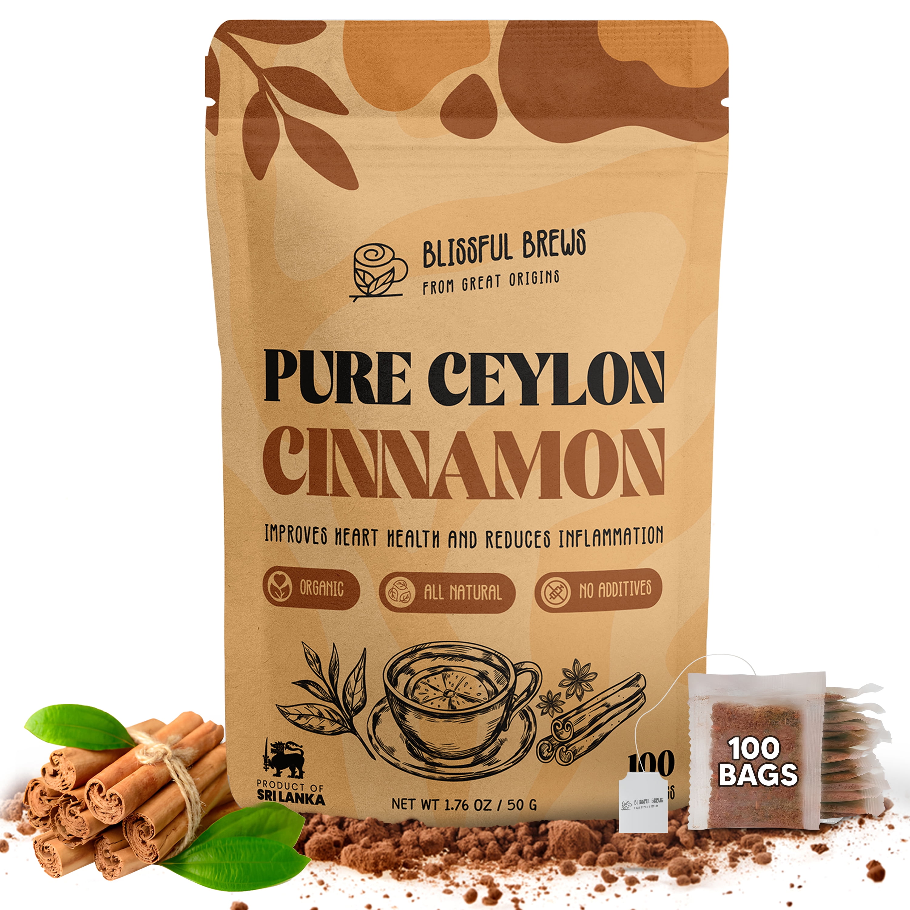 Blissful Brews Premium Ceylon Cinnamon Organic Tea Bags, (Pack of 100 ...
