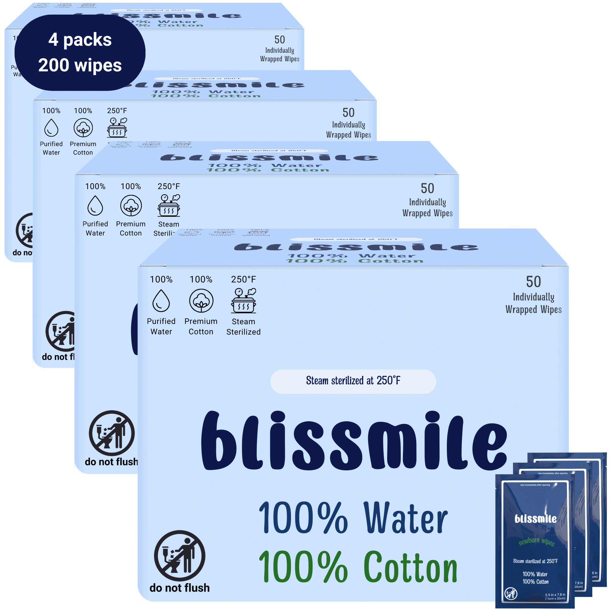 Blissmile Only Water Baby Wipes 100 Cotton 100 Water Wipes Unscented Hypoallergenic Sensitive Skin Wet Wipes Individually Wrapped Travel Size 4