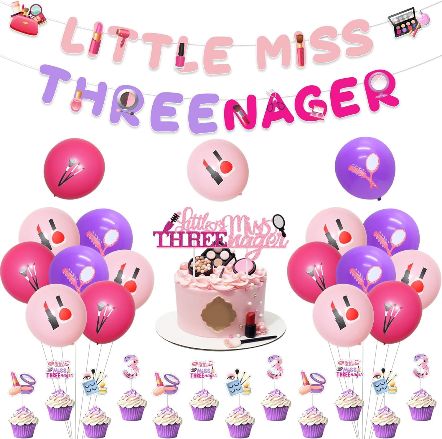 Blisstock Little Miss Threenager Birthday Decor Makeup Party Supplies ...