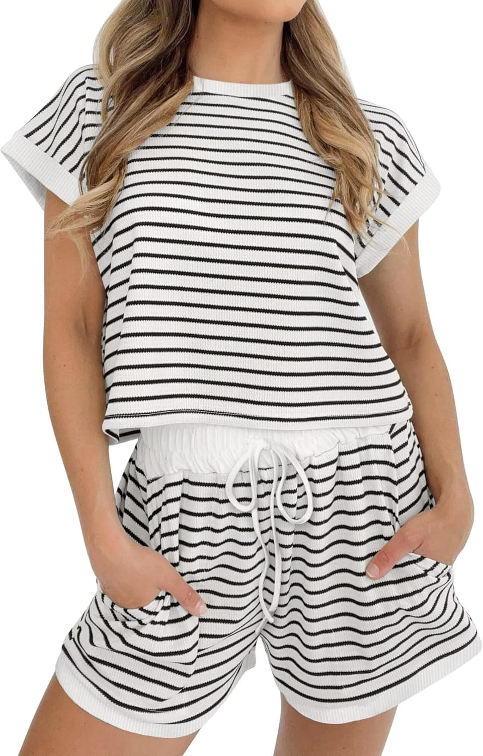 Bliwov Womens 2 Piece Pajama Lounge Sets Striped Tops Short Sleeve T ...
