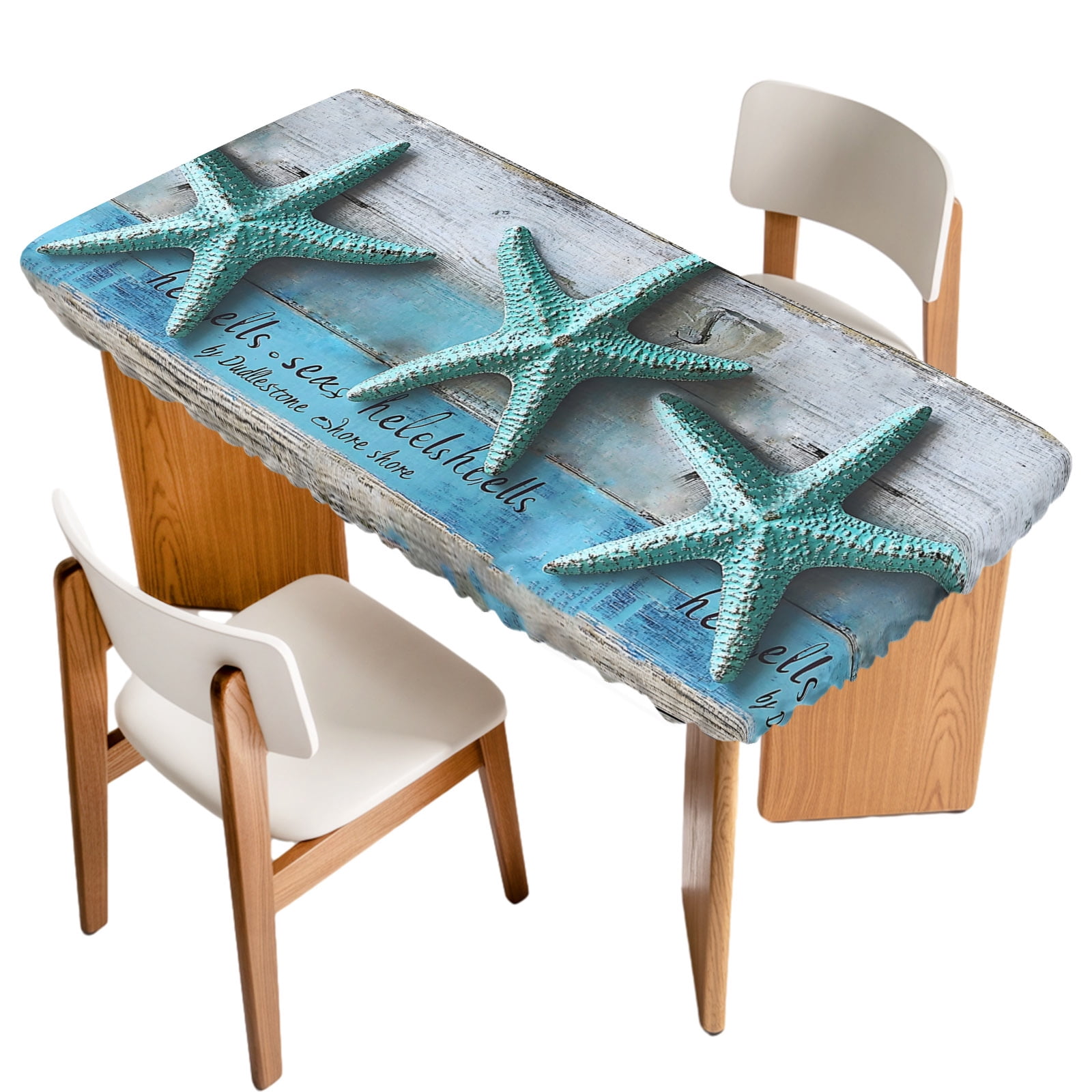 Bllue Starfish Fitted Rectangle Tablecloth 24" x 50" Text Vintage Wood ...