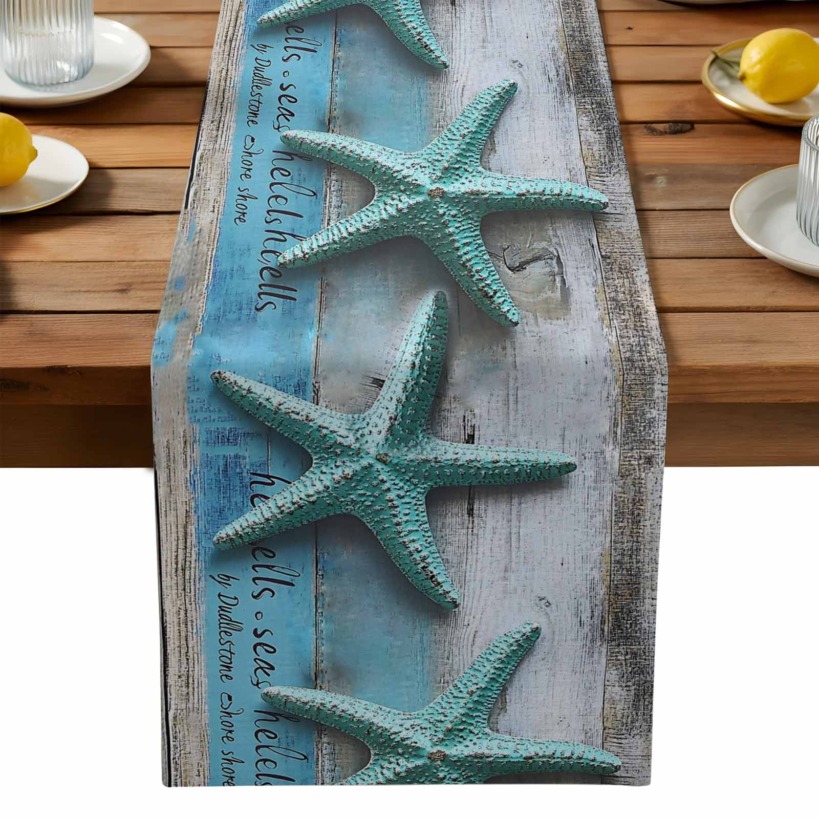 Bllue Starfish Table Runner, Text Vintage Wood Texture Kitchen Table ...