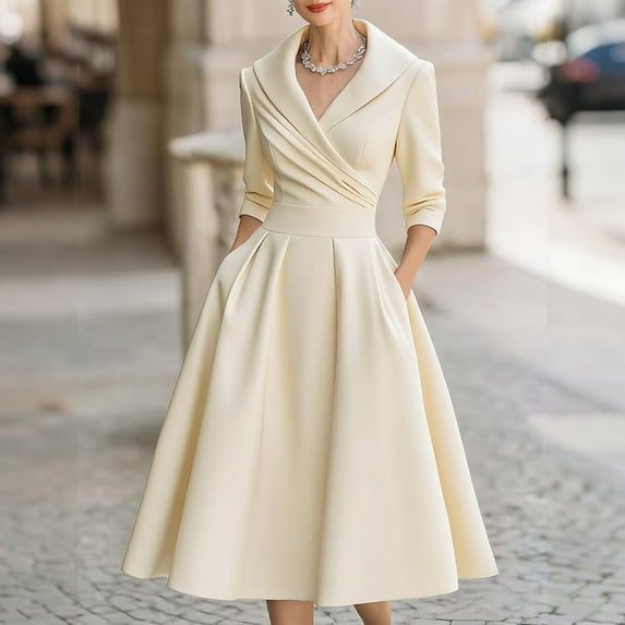 Blmnix A-Line Dresses for Women Work Dress Long Sleeve Plus Size Beige ...