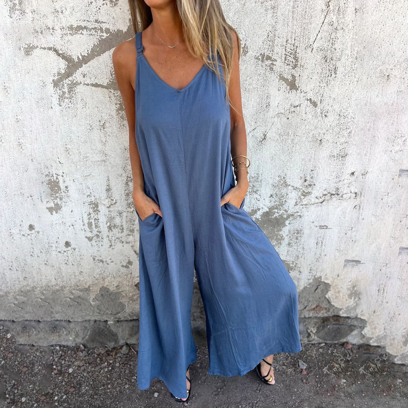 Blmnix Adjustable Womens Cargo Pants Sleeveless Blue Loose Rompers For ...