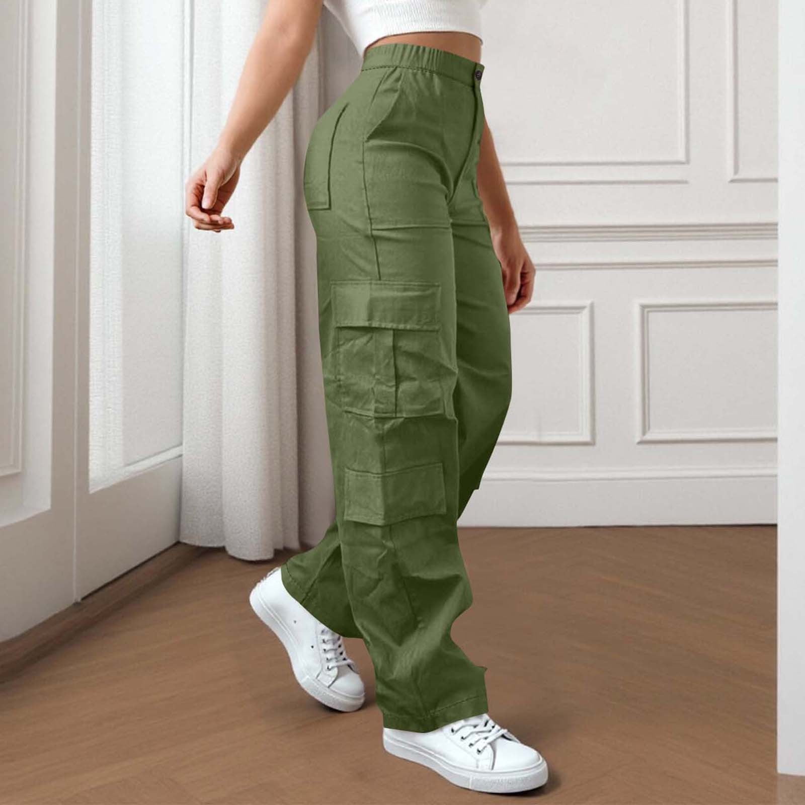 Blmnix Army Green Slacks High Waist Cargo Comfy Pocket Training Pants Wide-Leg Ankle Trousers ...