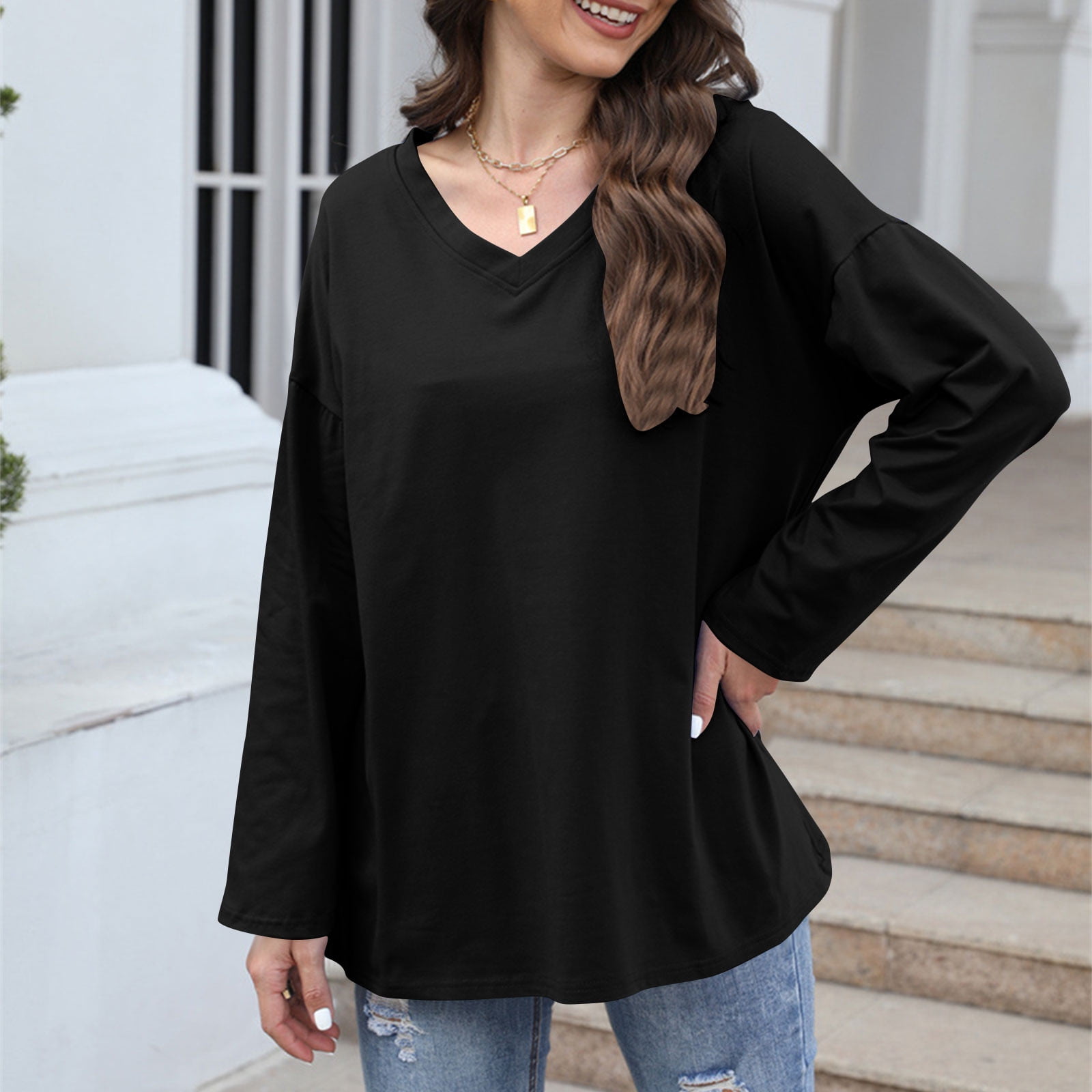 Blmnix Black Work Top V-Neck Solid Color Fall Blouses for Women 2025 ...