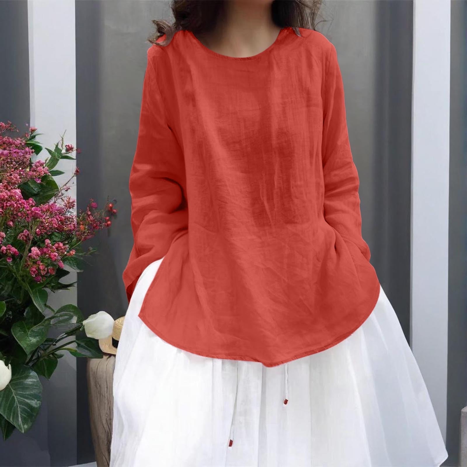 Blmnix Blouses Red Plain Lightweight Womens Plus Size Blouses Long ...