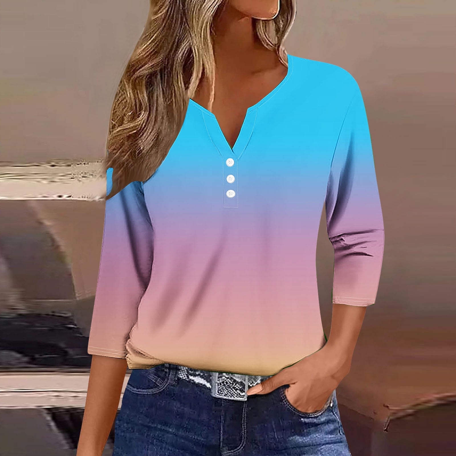 Blmnix Blue Blouse Laid-back Gradient Flowy Tops for Women 3/4 Sleeve ...