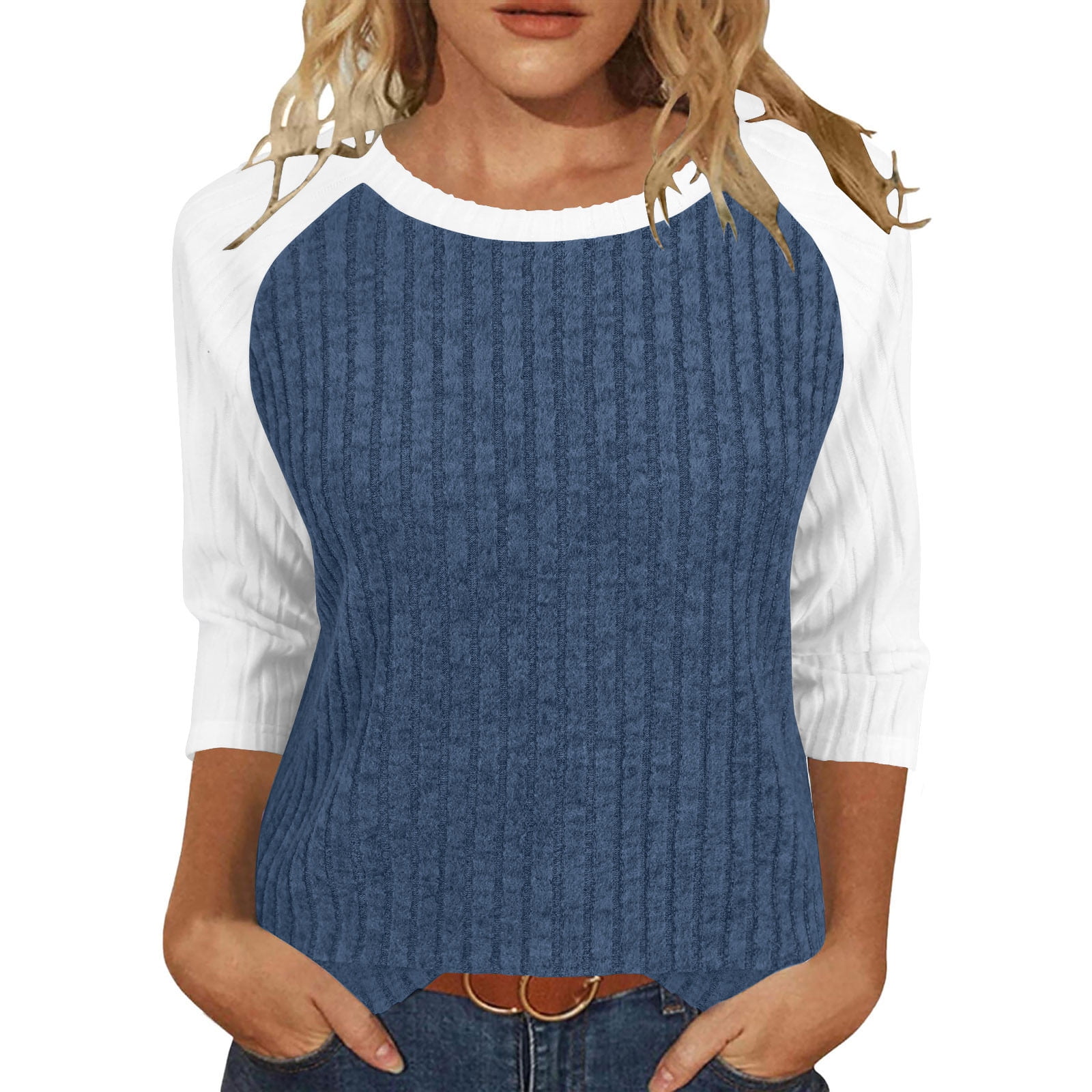 Blmnix Blue Workout Shirts Ribbed Fall Long Sleeve Plus Size Plus Size ...