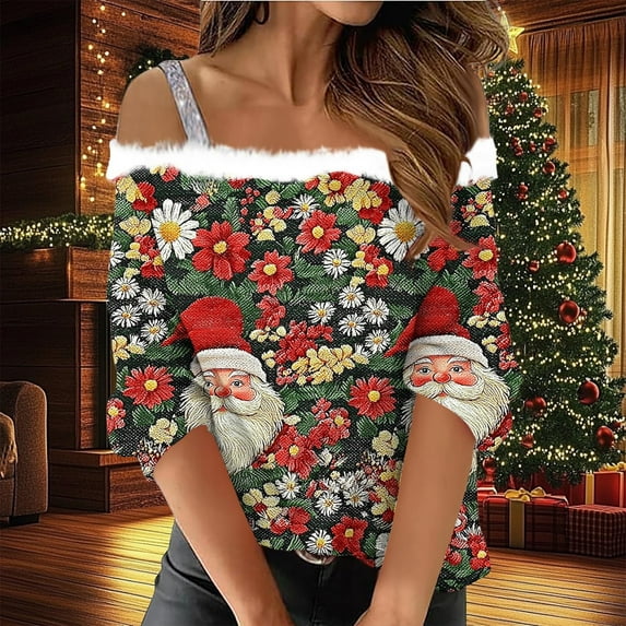 Blmnix Boat Neck Blouses for Women Red Christmas 3/4 Sleeve Plus Size ...