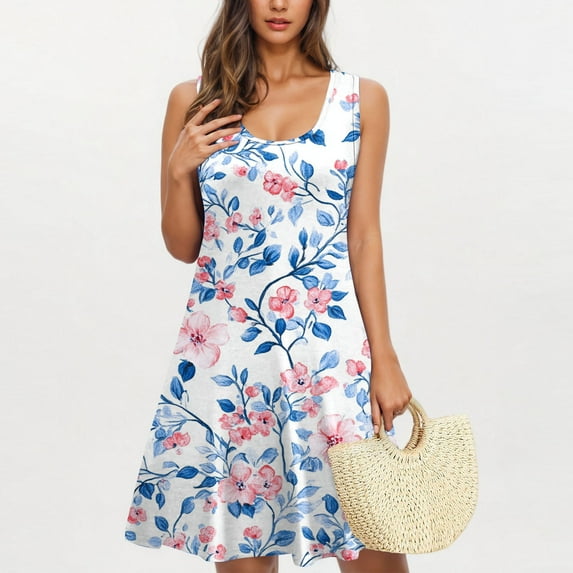 Blmnix Boho Dresses for Women Floral Tank Beach Petticoat Crew Neck ...