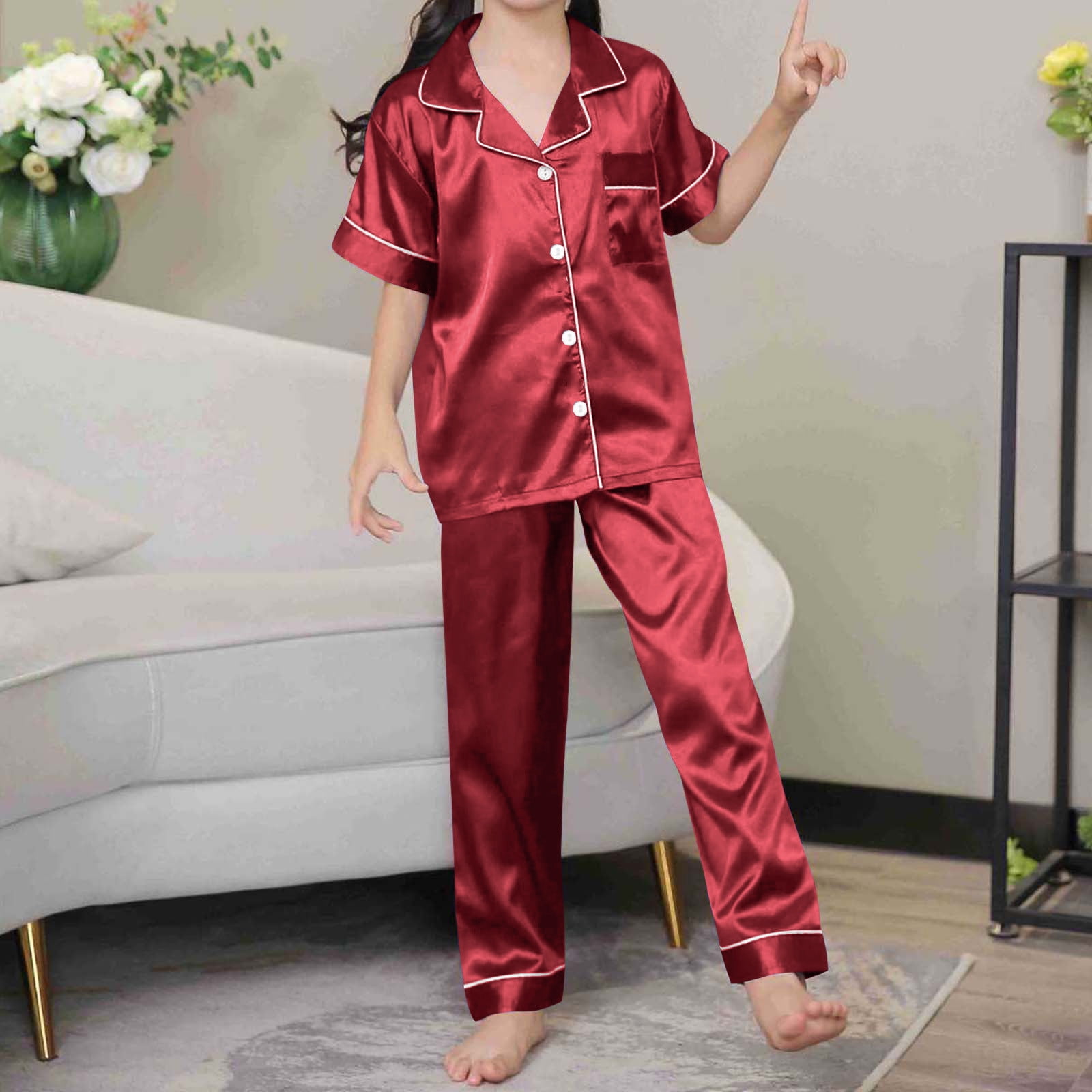 Blmnix Button Up Womens Pajama Sets Silk Pajamas Sleepwear Sets Pants ...