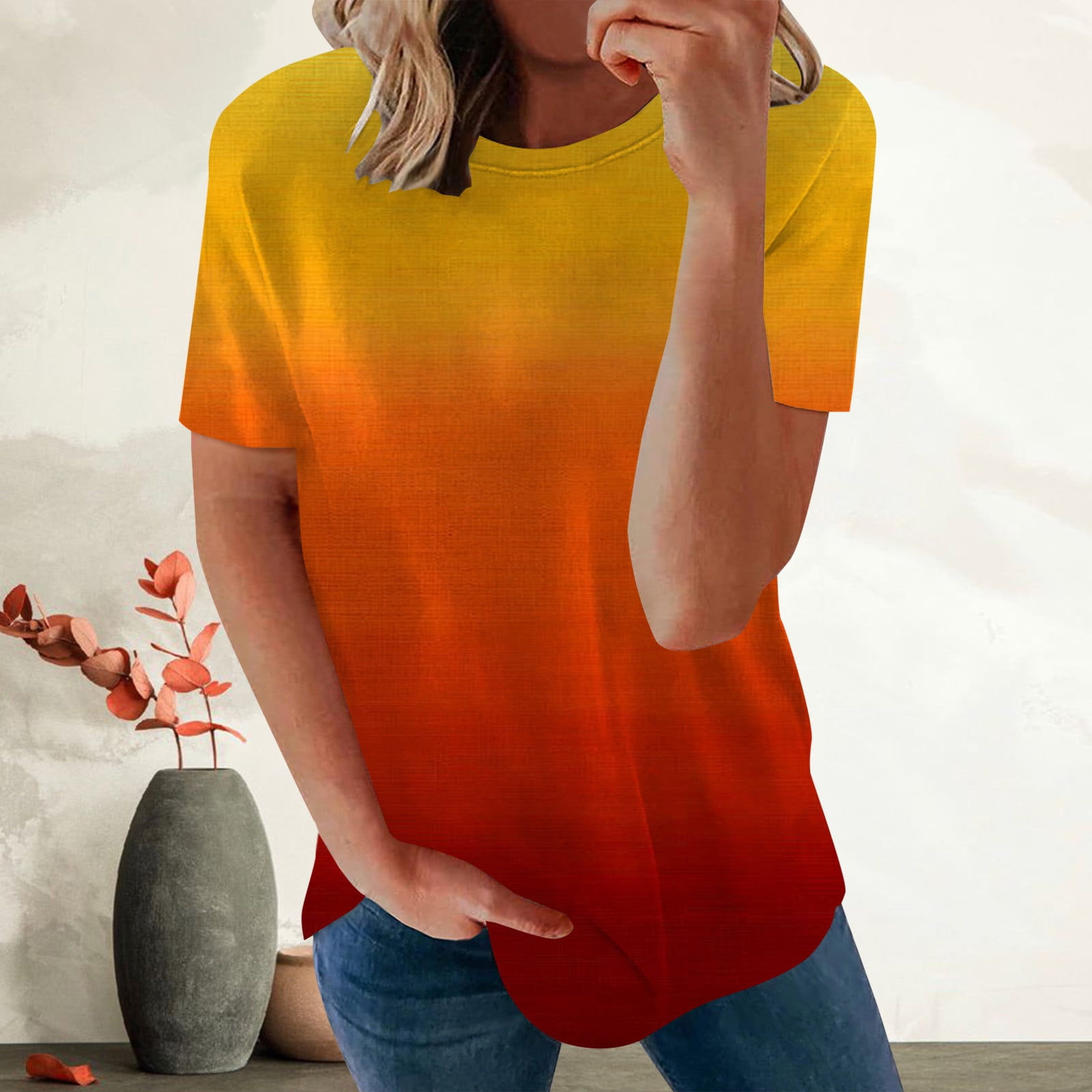 Blmnix Casual Tops for Women 2024 Yellow Short Sleeve Loose Crew Neck ...