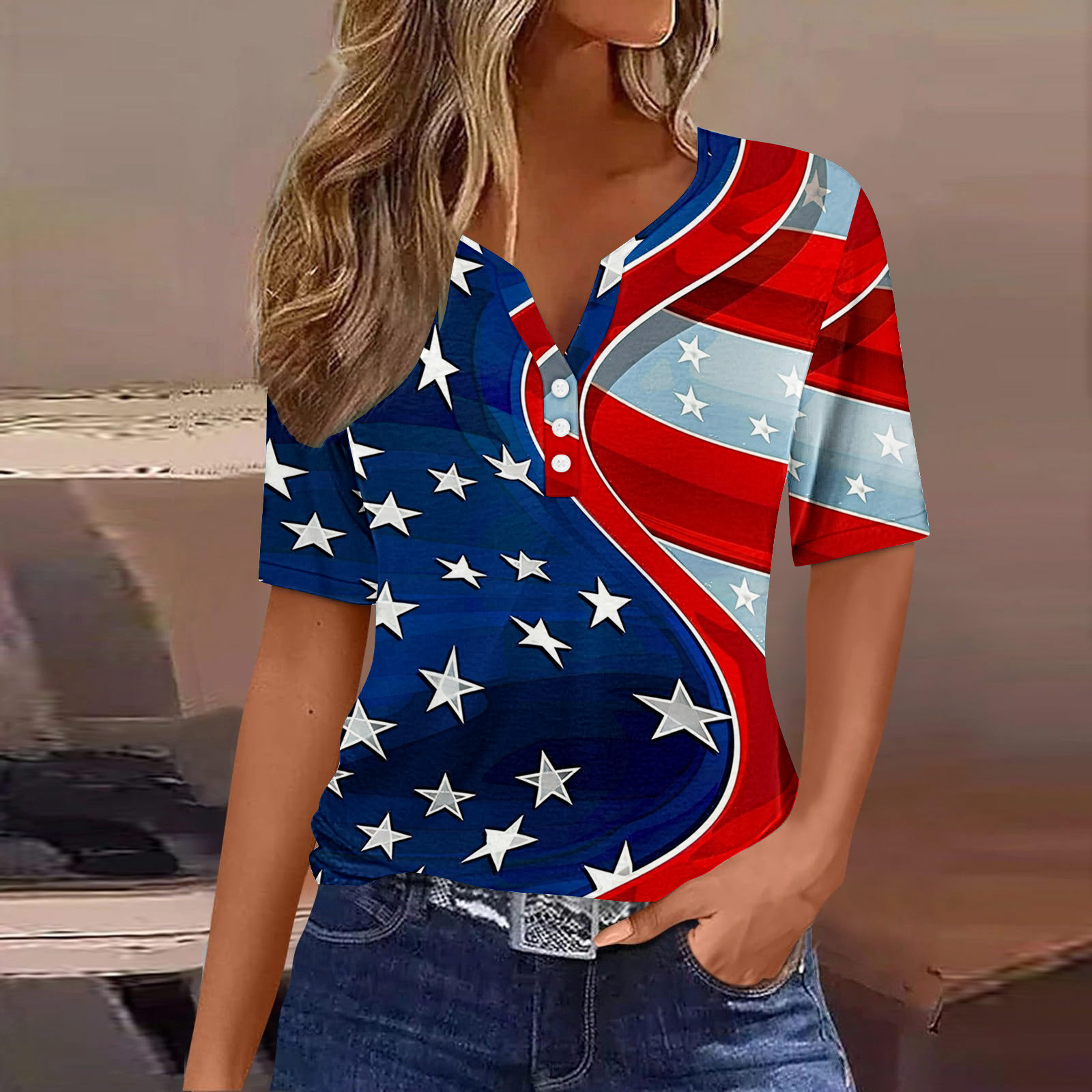Blmnix Casual Tops for Women Blue Short Sleeve American Flag Henley ...