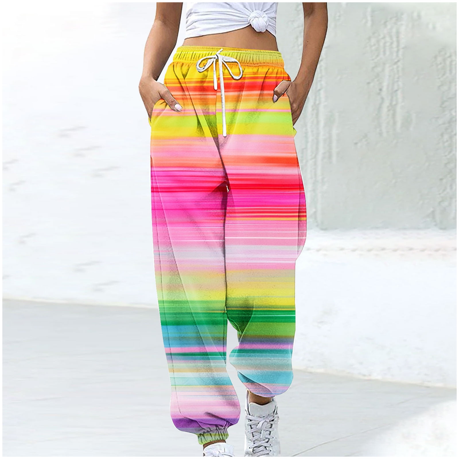 Blmnix Color Block Stretchy Jeans For Women Slacks Yellow Drawstring ...