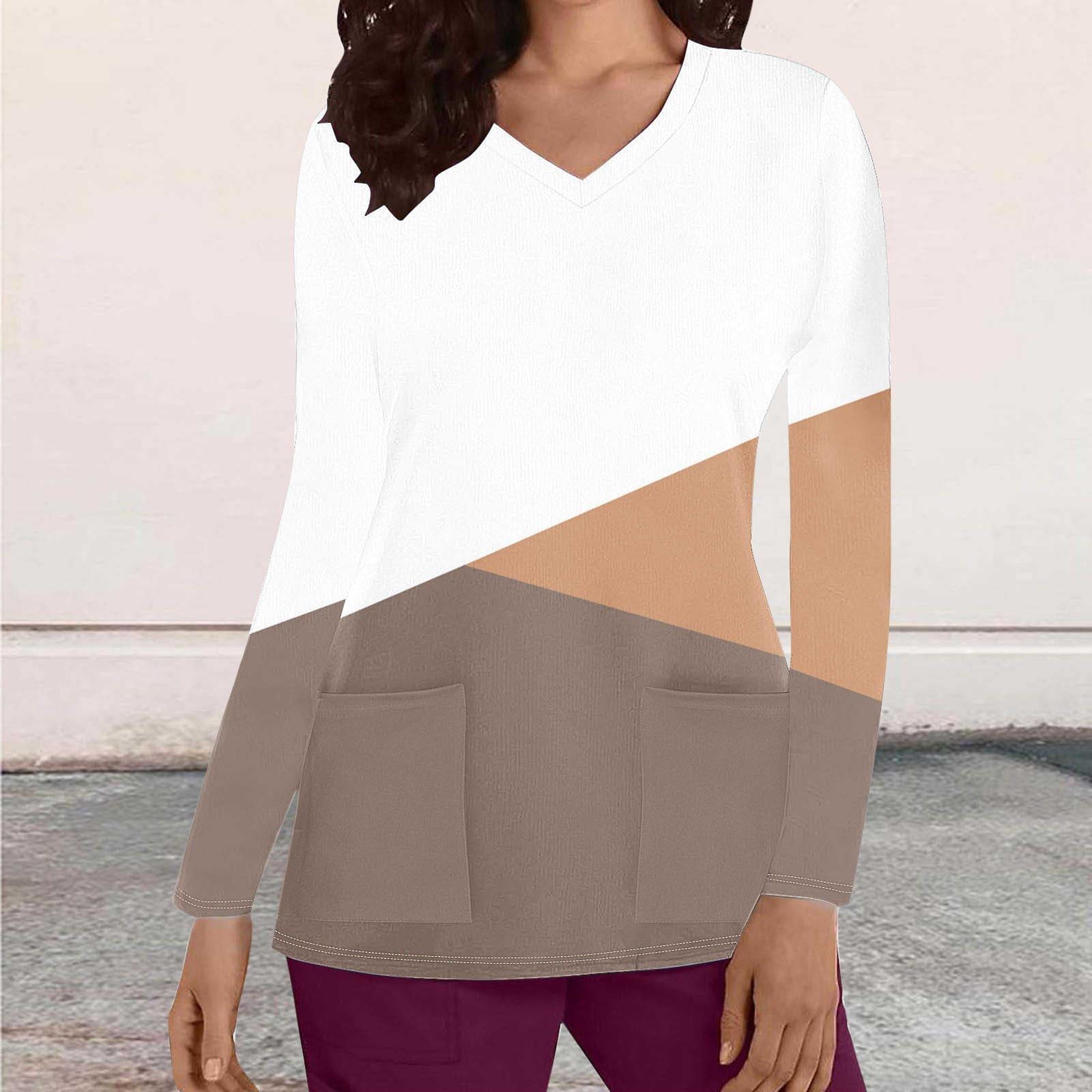 Blmnix Color Block Women Top Pockets Graphic Tees for Women V-Neck Long ...