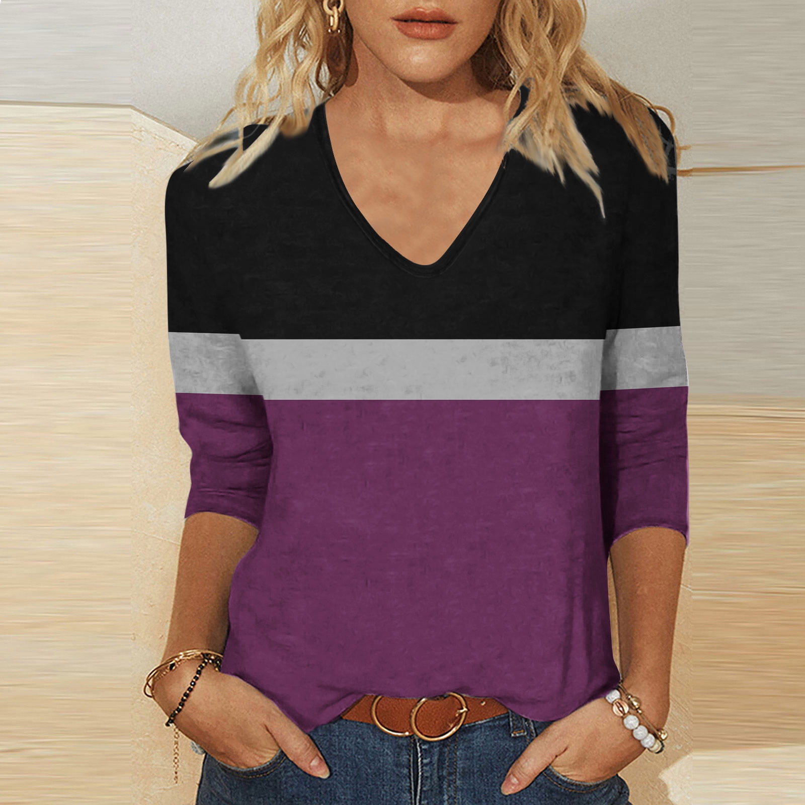 Blmnix Color Block Women Tops Fall Tunic Funny Tshirts V-Neck Purple 3/ ...