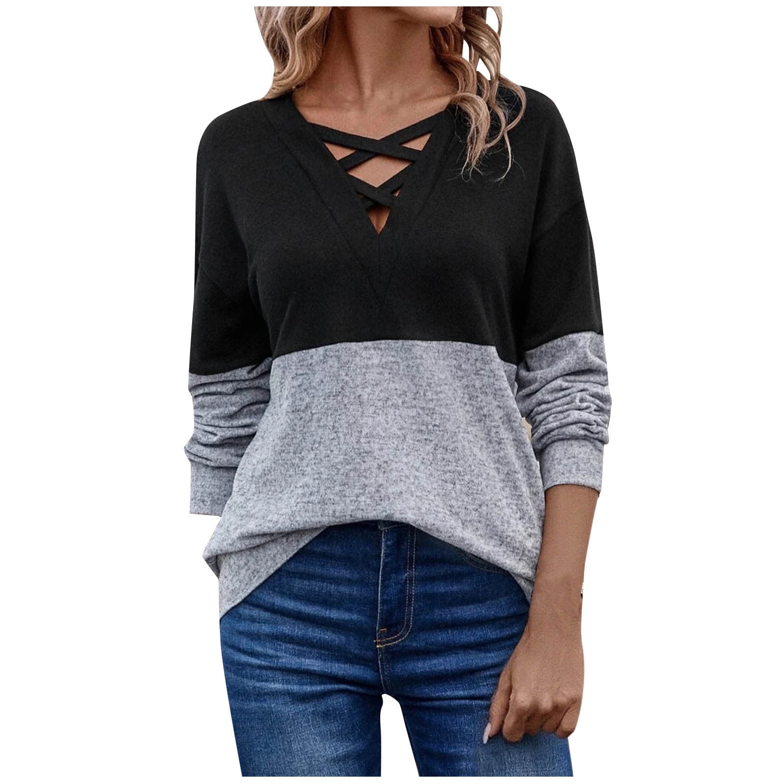 Blmnix Color Block Womens Plus Size Blouses Eyelet Vacation Gray Women ...