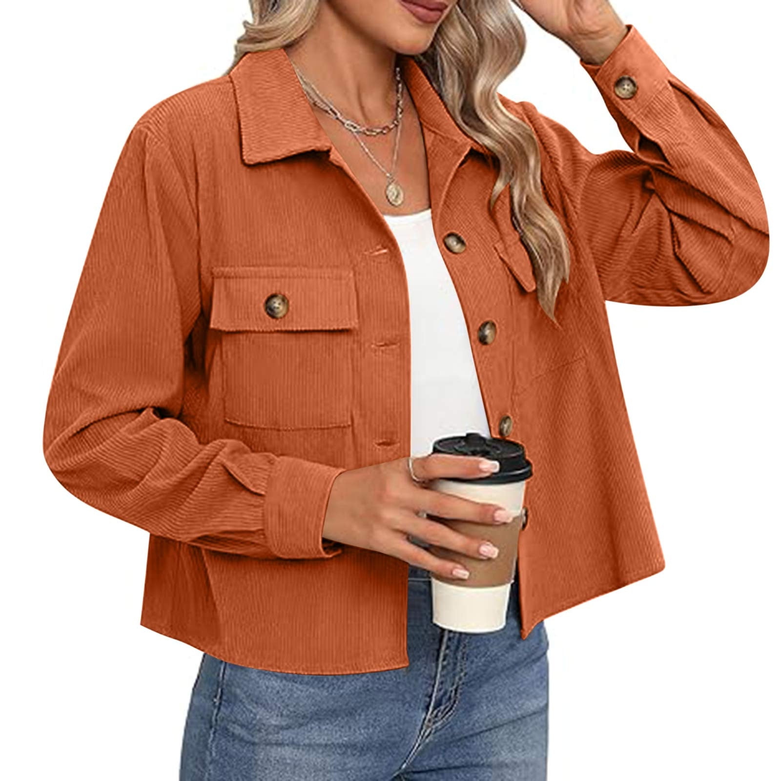 Blmnix Comfy Womans Jackets Orange Corduroy Cropped Sherpa Long Sleeve ...