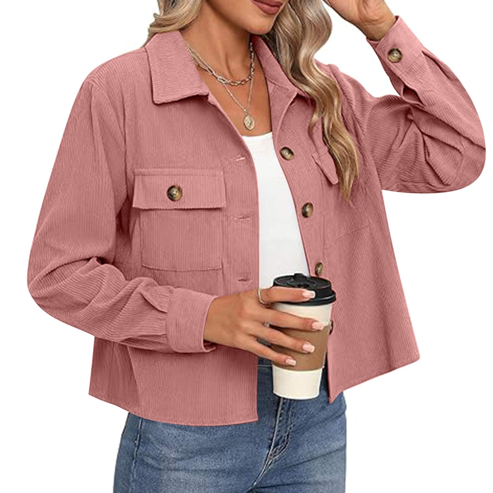 Blmnix Corduroy Casual Womans Jackets Pink Cropped Long Sleeve Solid Sherpa Bomber Girls Jackets ...