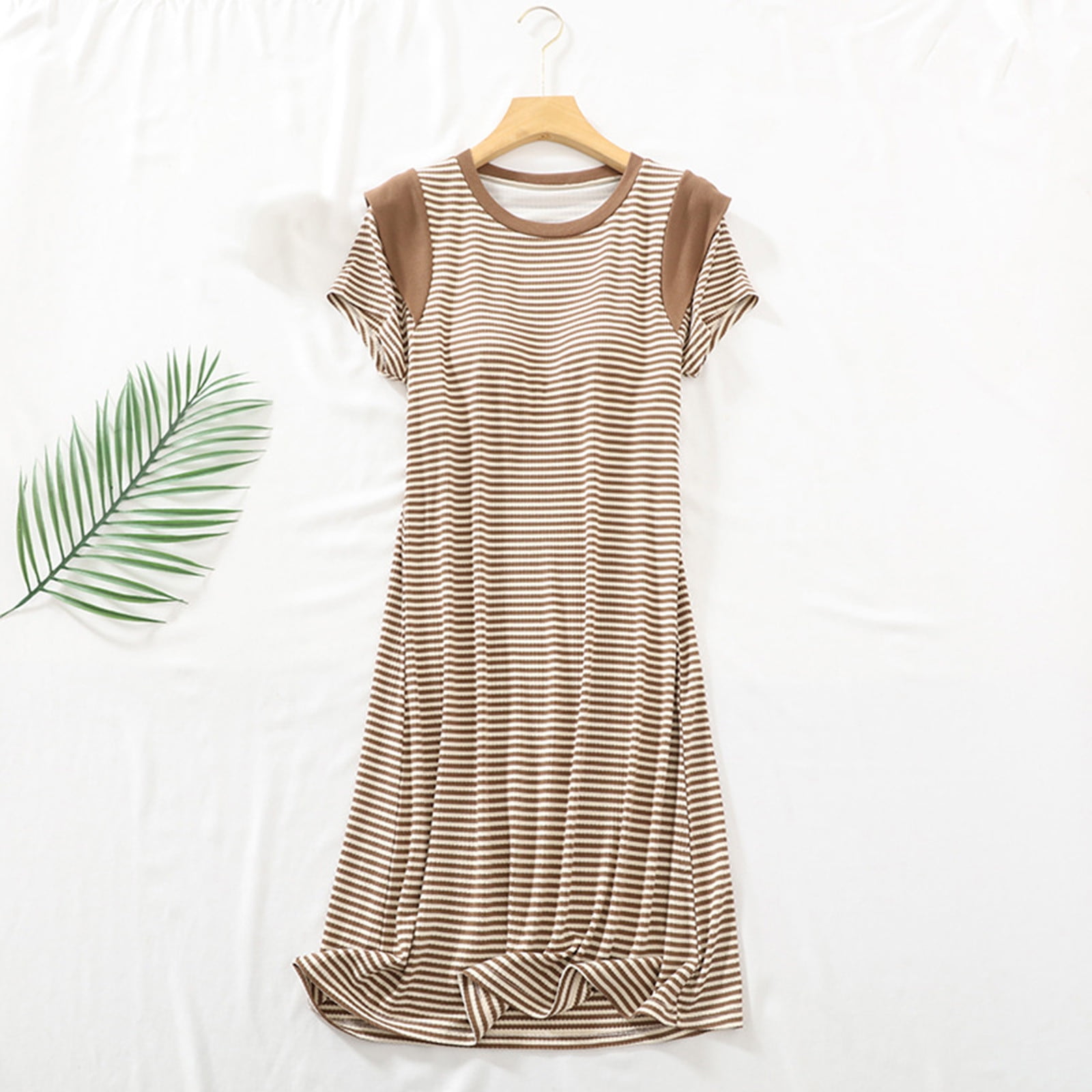 Blmnix Cotton Womens Nightgown Mumu Nightdress V-Neck Brown Short Sleeve Casual Sleep Dress ...