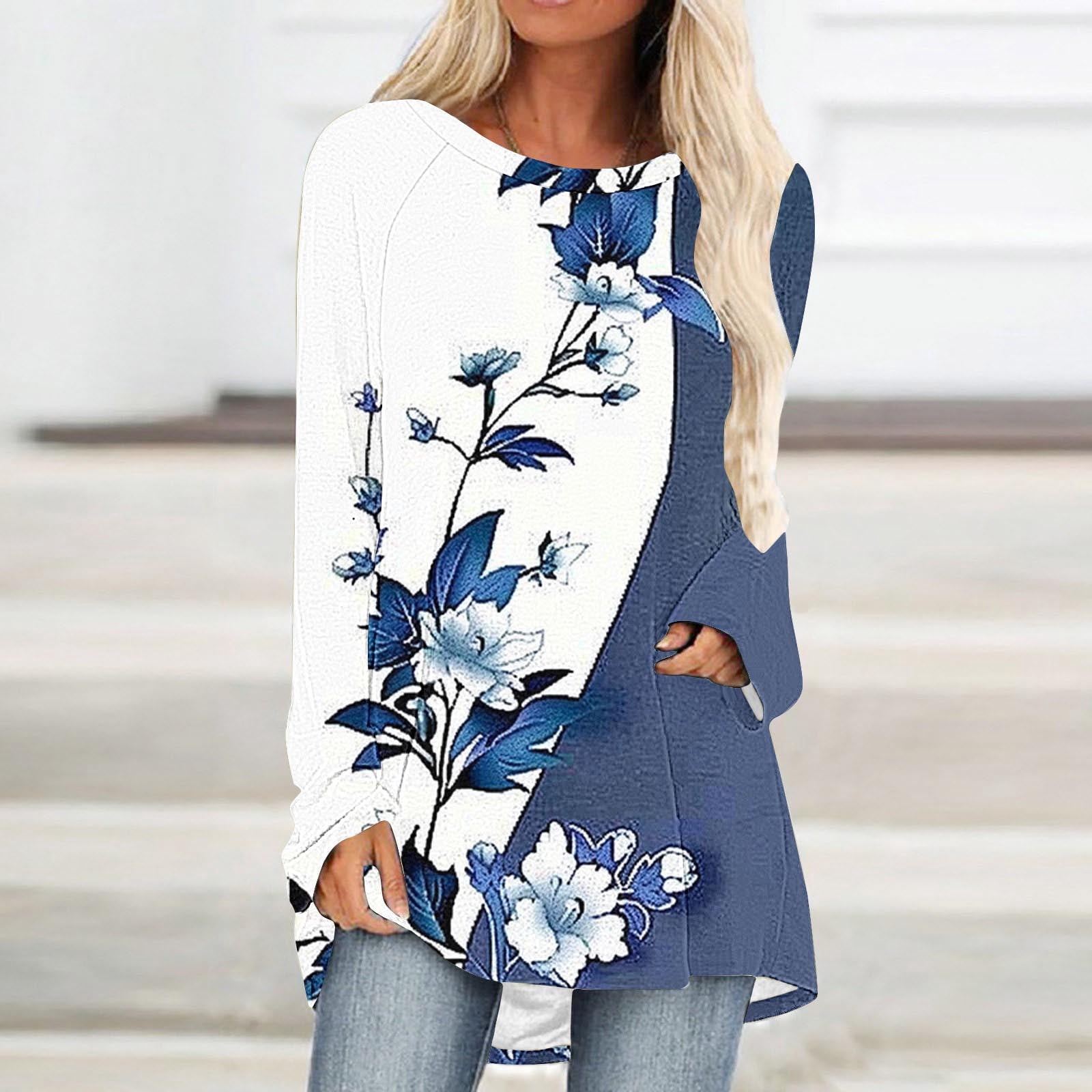 Blmnix Cute Tops Patchwork Crew Neck Floral Long Sleeve Blouse Tops ...