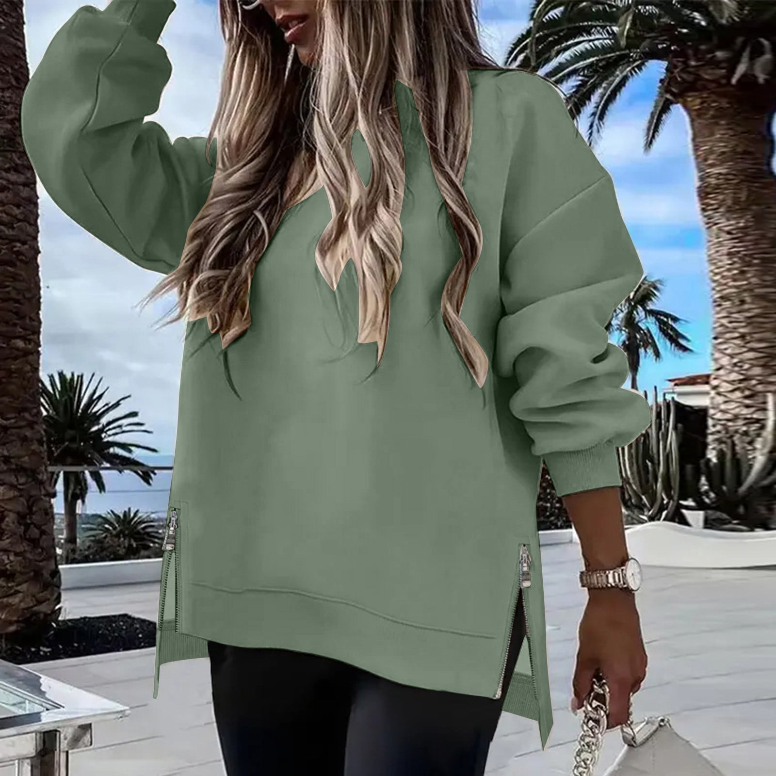 Blmnix Cute Women Hoodies Pullover Side Split Army Green Women Blouses ...