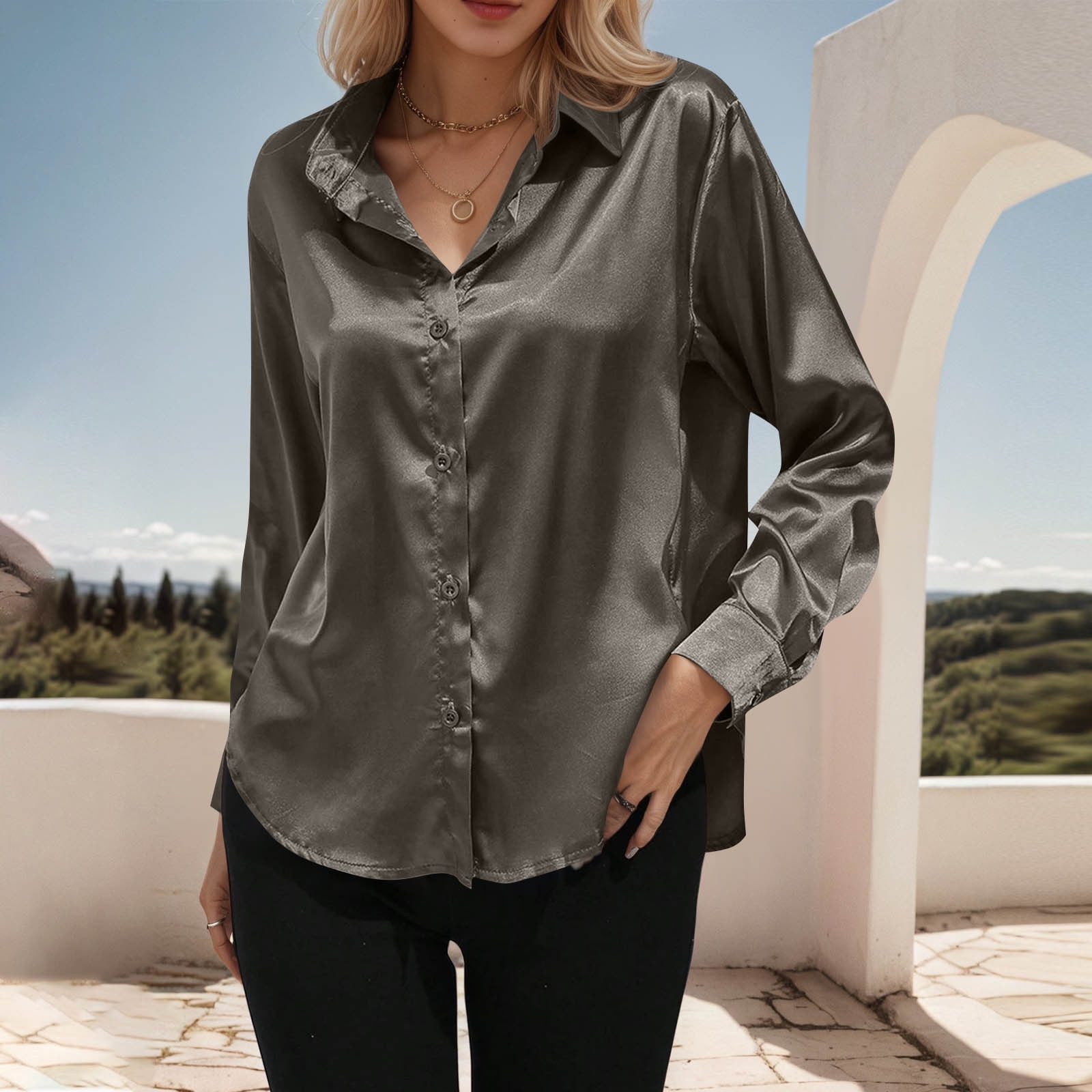 Blmnix Dark Gray Plus Size Shirts Basics Plain Button Down Business ...