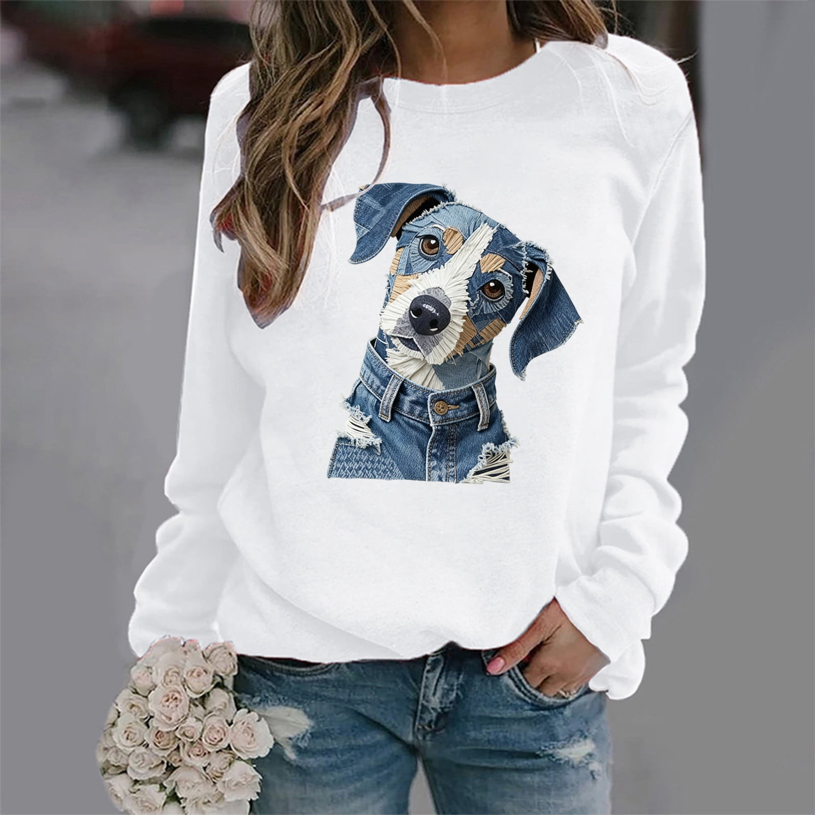 Blmnix Dog-Print Womens Blouses Casual Oversized Pullover Shirts ...