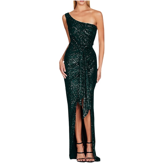 Blmnix Dress Women High-Low Sequin Dress One Shoulder Dress Green Boat ...