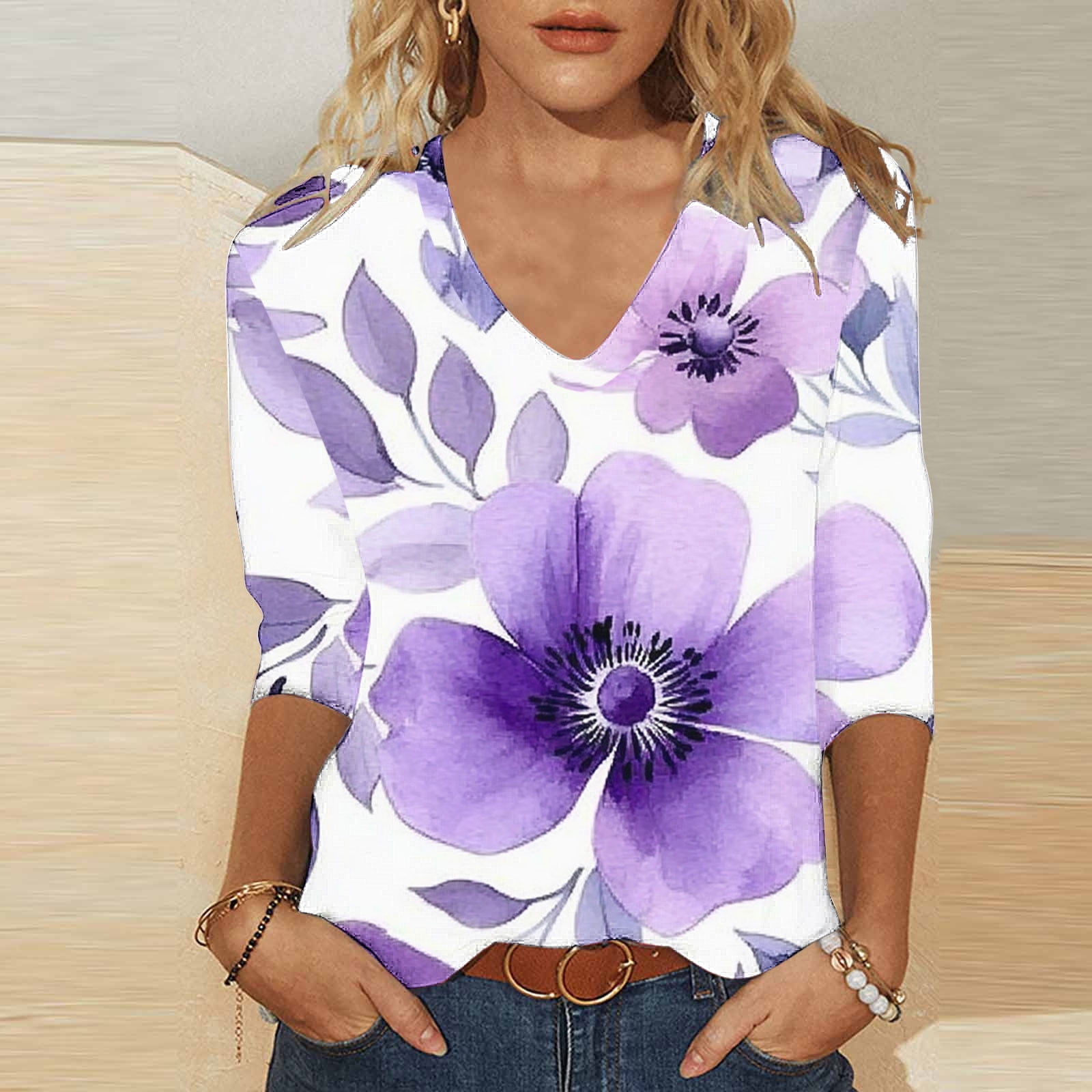 Blmnix Dressy Casual Plus Size T Shirts Peasant Large-Scale Floral ...