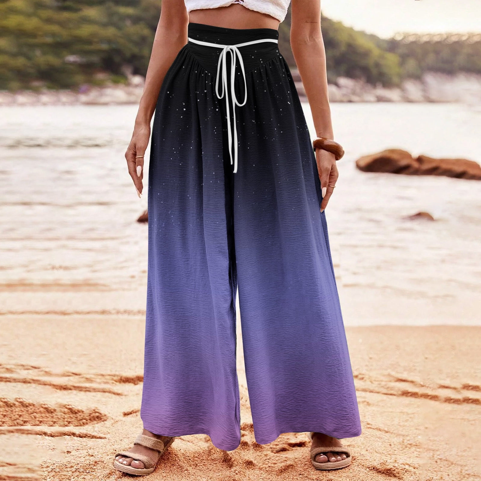 Blmnix Elastic Waist Drawstring Hippie Pants Cozy Bohemian Gradient ...