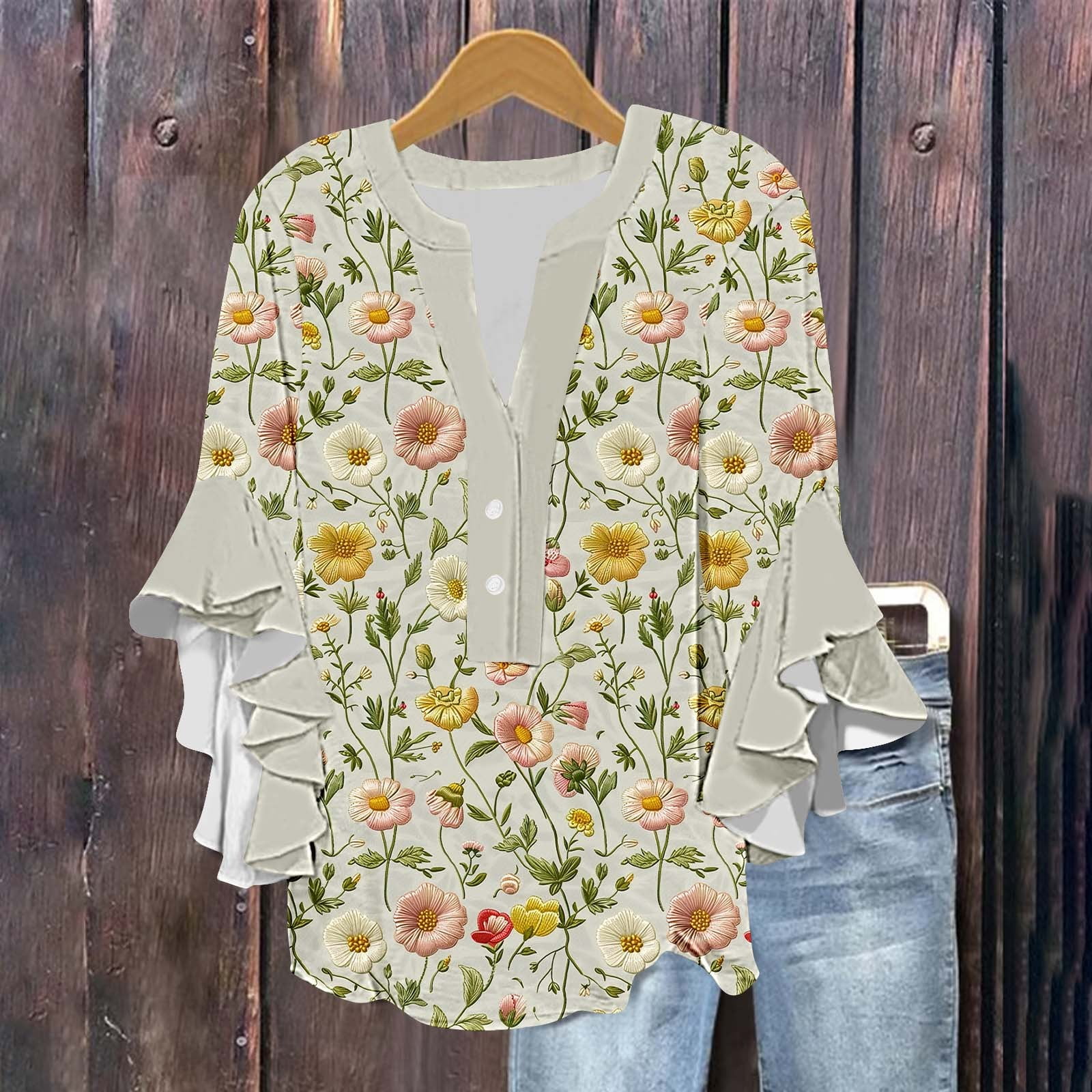 Blmnix Embroidered Boho Blouse Batwing Womens Work Tops V-Neck 3/4 ...