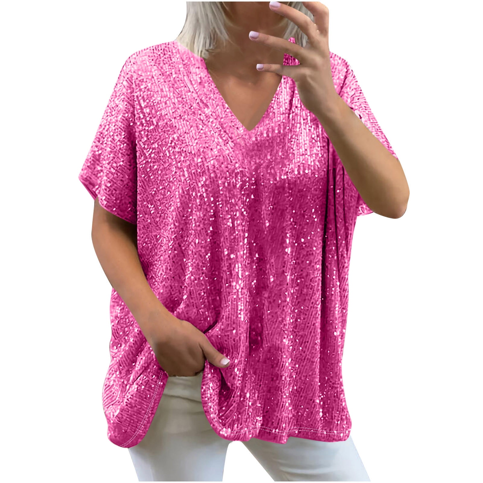 Blmnix Fall Blouse Loose V-Neck Sequin Short Sleeve Blouse Urban ...